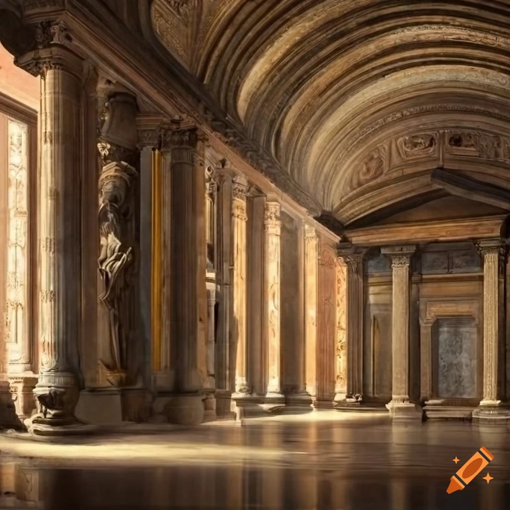 Palace with early roman senates chambers made of grey stone and bronze ...