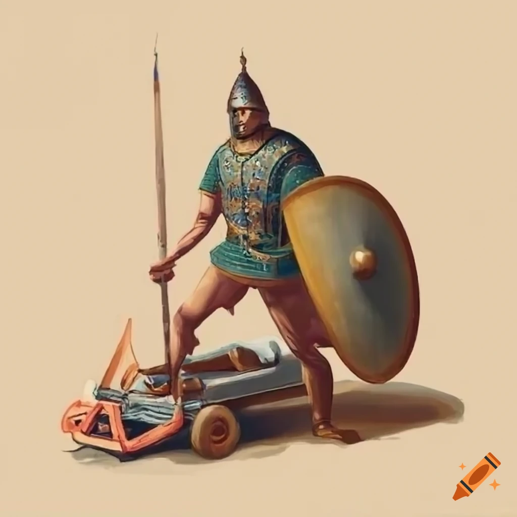 Man in cape riding go-cart with lance and shield on Craiyon