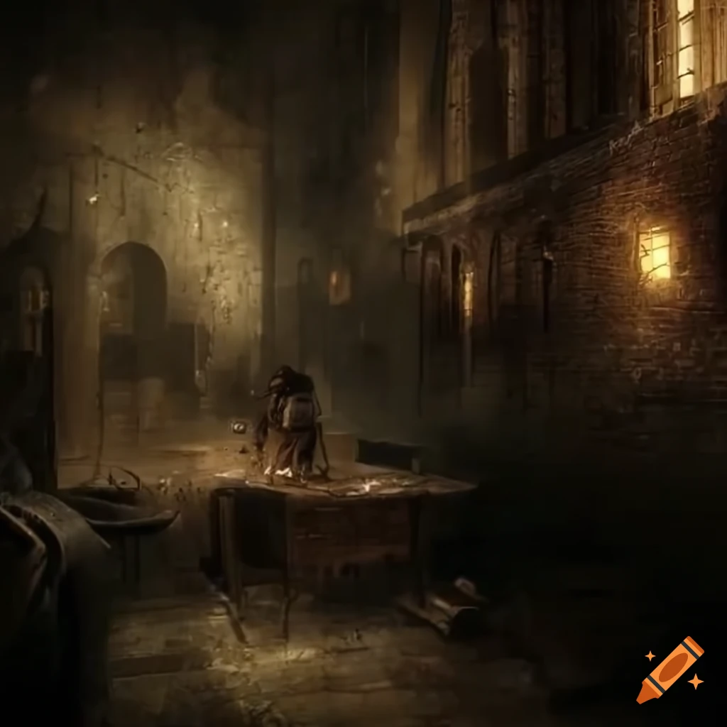 Steampunk medieval prison complex with monks on a rainy night on Craiyon