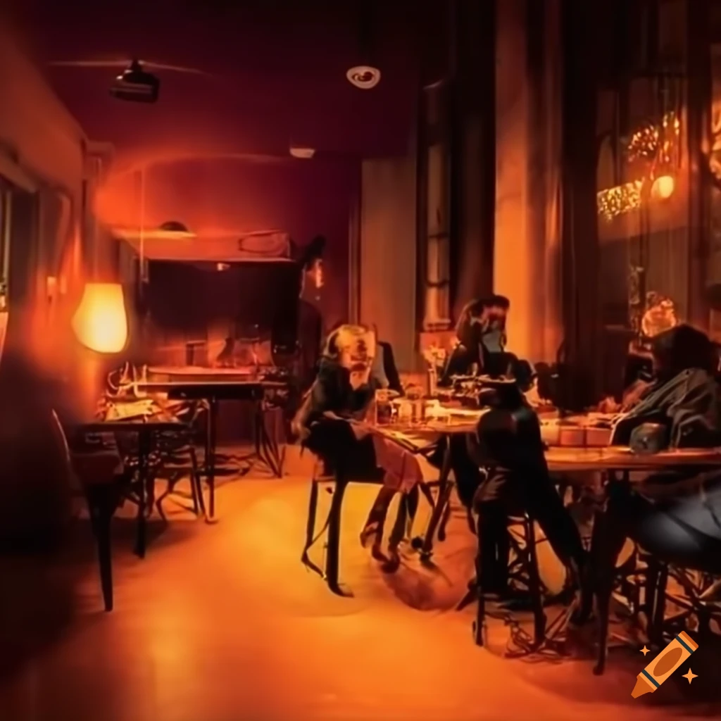 Cozy café atmosphere with people chatting and jazz-rap band playing on ...