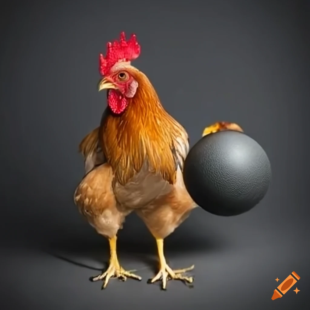 Chicken holding bomb with black flames background on Craiyon