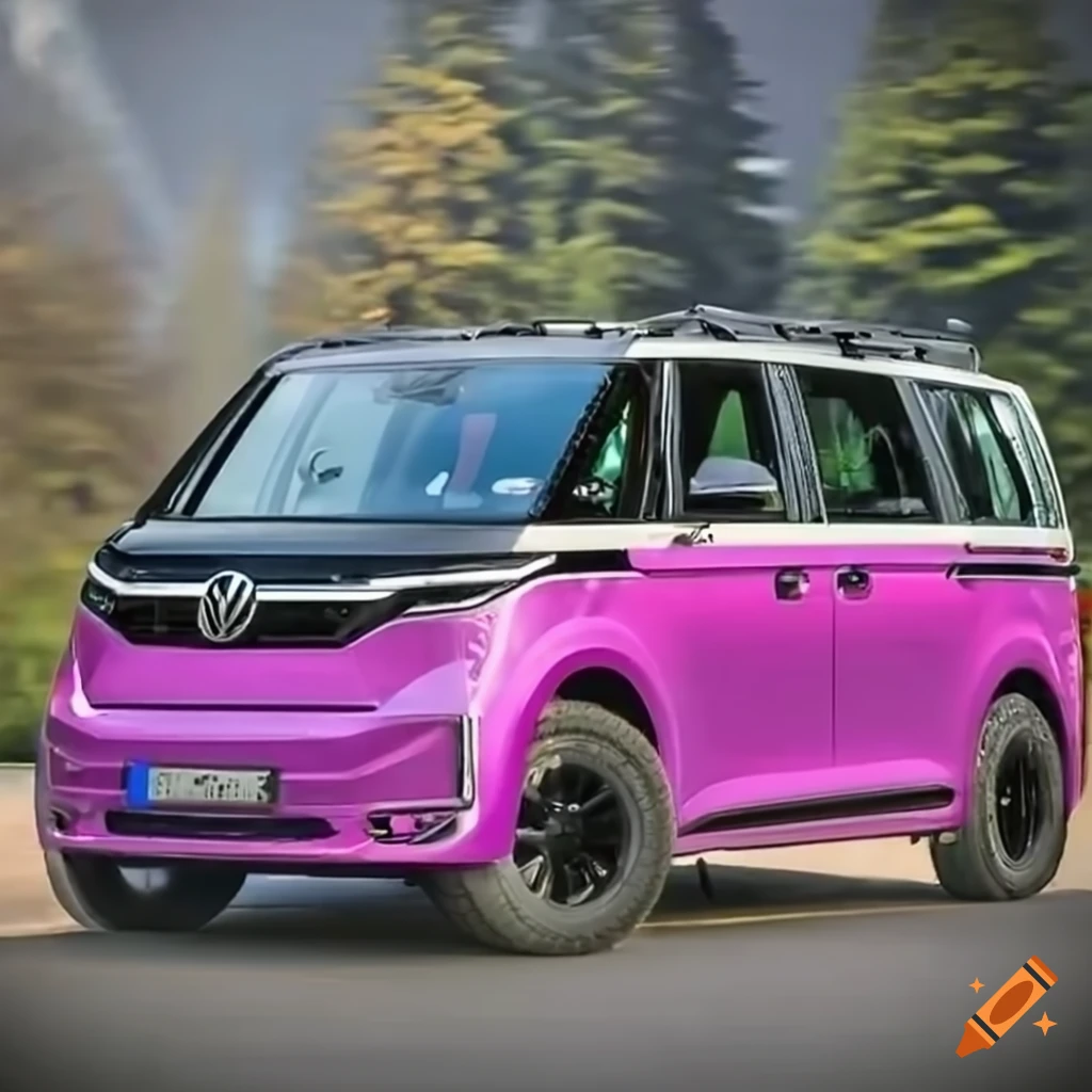 VW ID Buzz with lifted suspension and off-road tires in pink and black ...