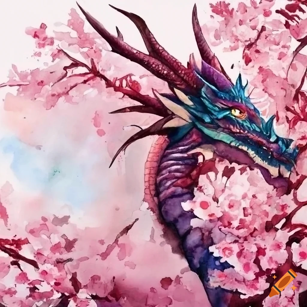 Dragon in watercolor style blending with cherry blossoms on Craiyon