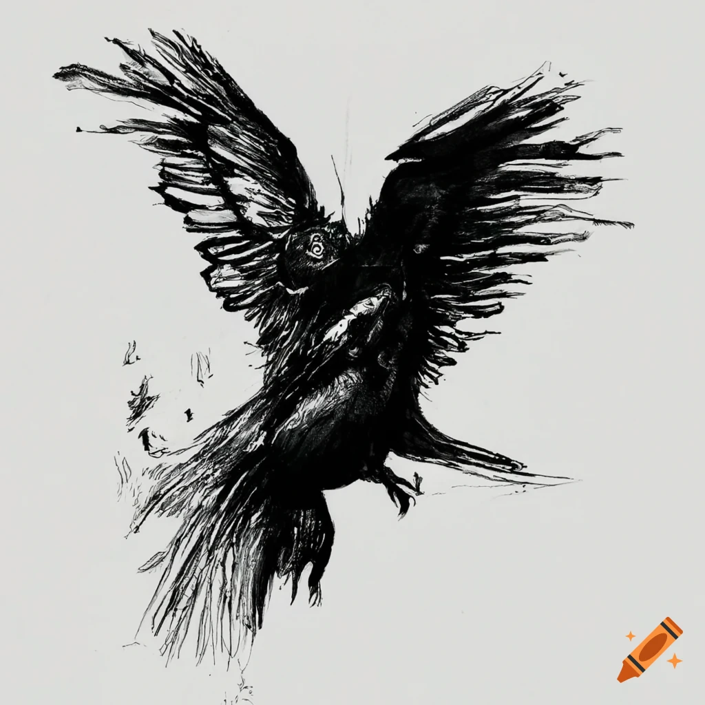 Ink drawing of a raven with spread wings on Craiyon