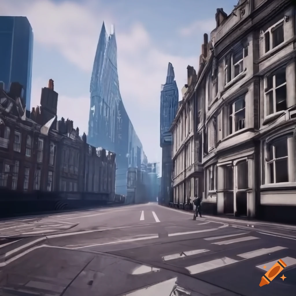 Sci-fi london street with historical houses and futuristic skyscrapers ...