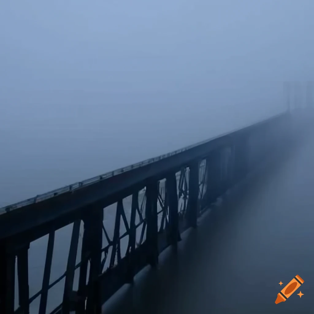 View from a 400m tall industrial bridge in thick fog overlooking a dark ...