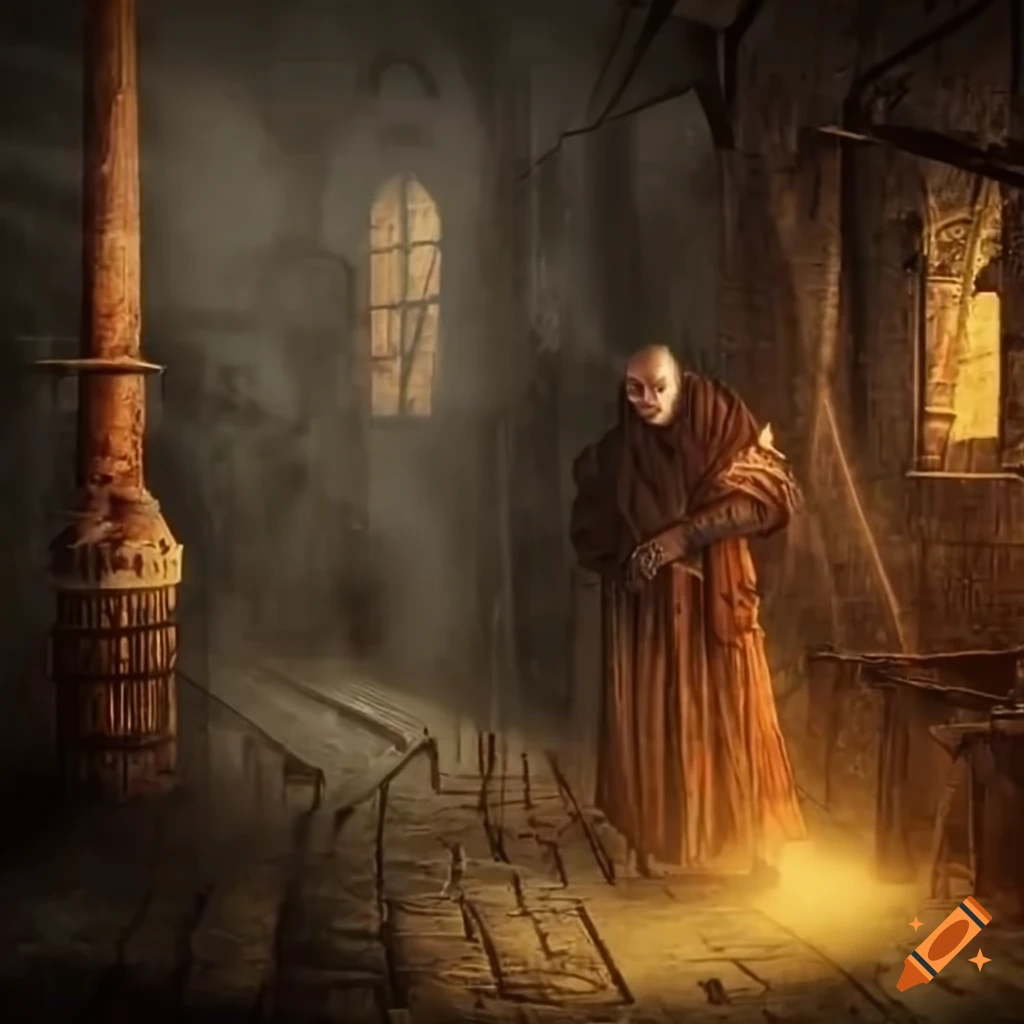 Steampunk medieval prison complex at night with monks in a rainy ...