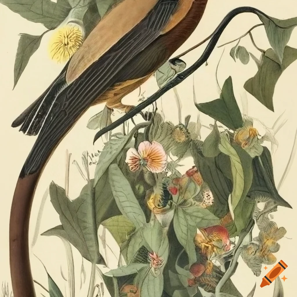 Graphic art style lithograph of exotic flowers, birds, and snakeskin trees intertwined in high ...