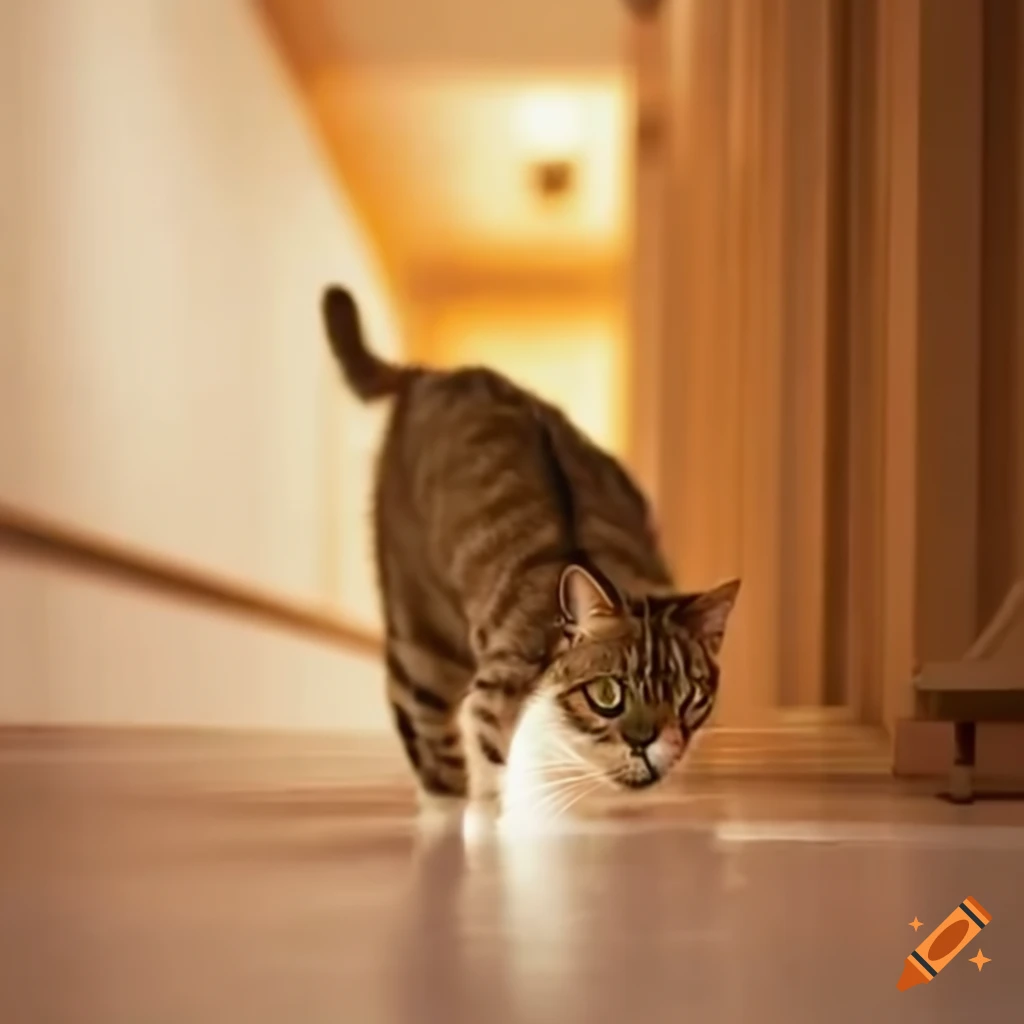 Elegant and captivating cat walking down a hallway on Craiyon