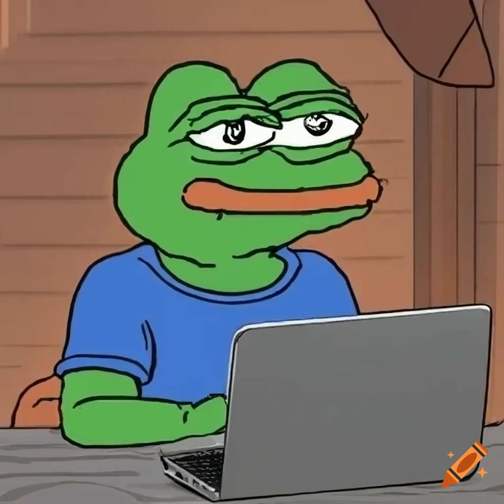 Pepe the Frog with a laptop holding a "CMS" sign on Craiyon