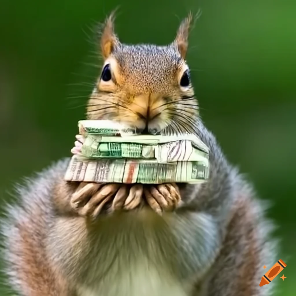 Squirrel holding a stack of cash on Craiyon