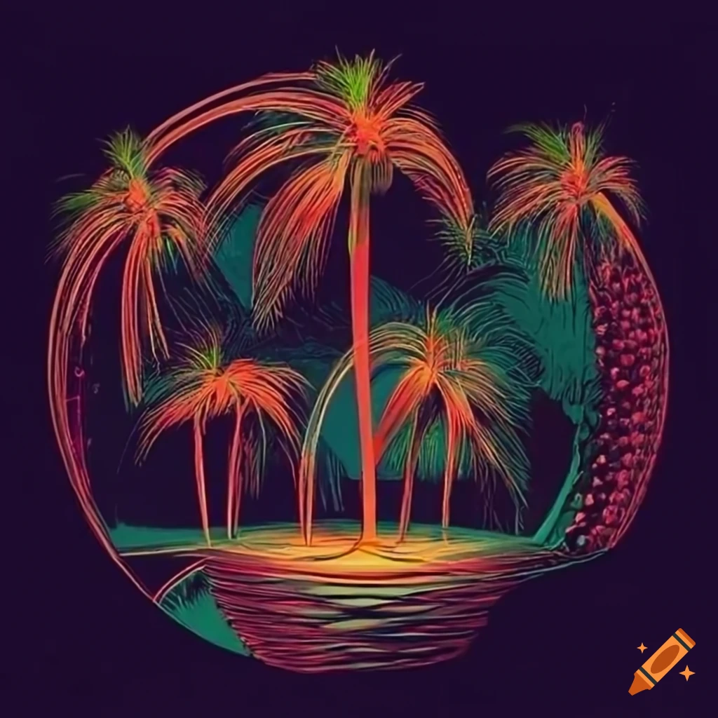 Technical drawing of Palm trees, Flamingos, and ocean in retro futurism ...