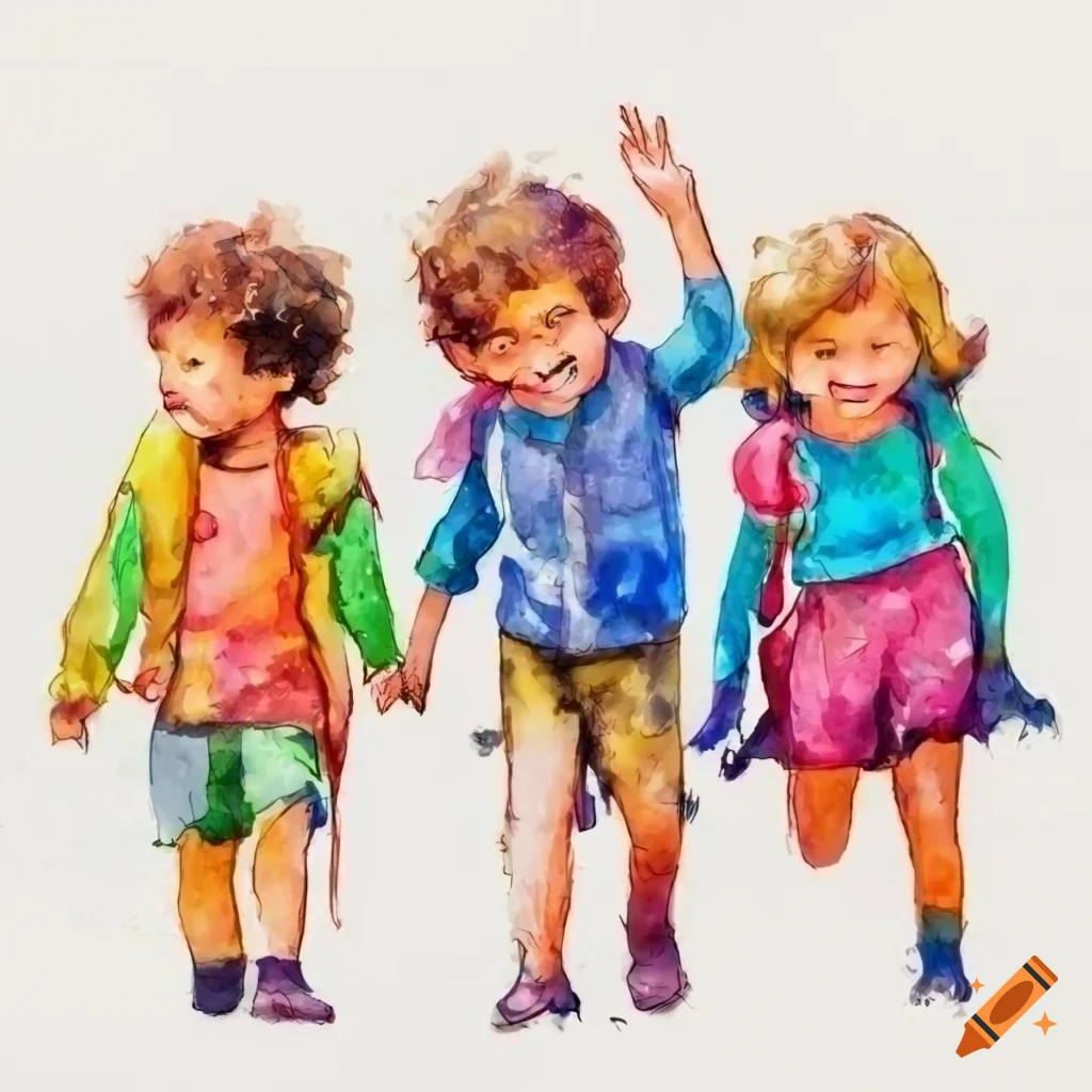 Group of children walking happily with a dog on a path on Craiyon