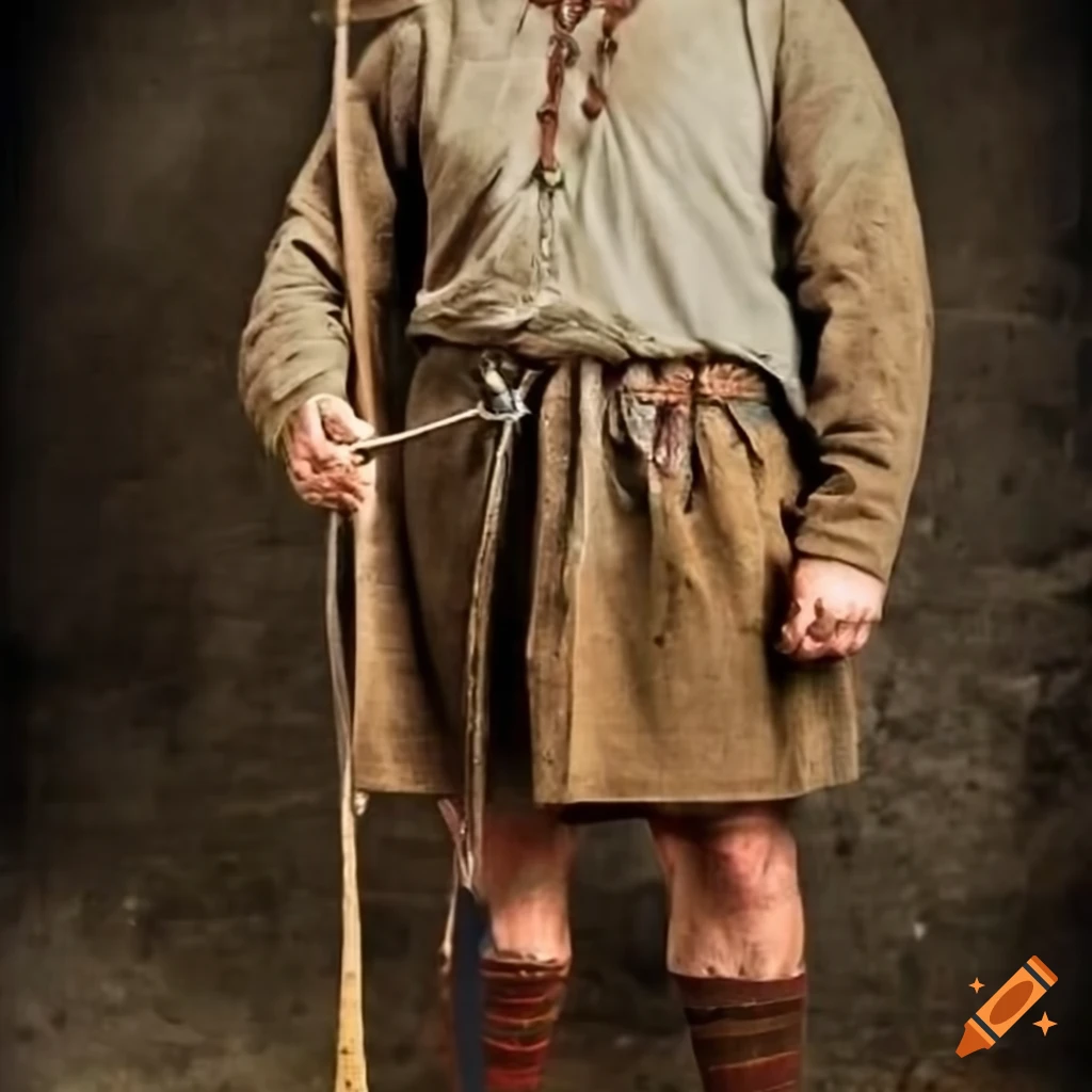 Anglo-saxon farmer in traditional garments with a pitchfork on Craiyon