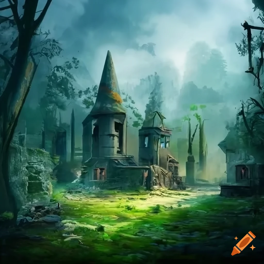 Abandoned fantasy village ruins in a forest on Craiyon