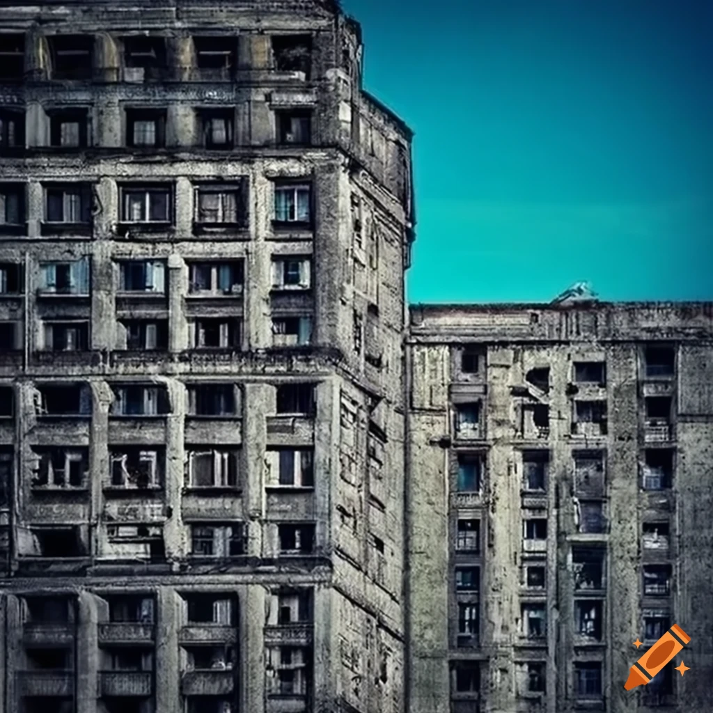 Soviet-style futuristic concrete buildings up close on Craiyon