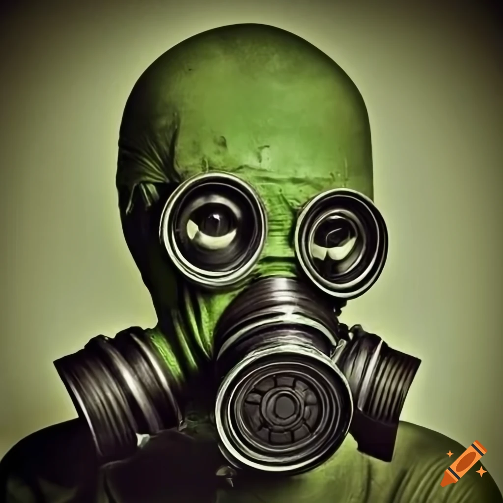 Green alien wearing gas mask in a wasteland setting on Craiyon