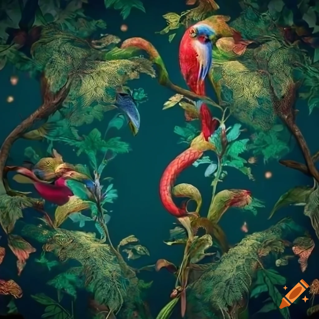 Exotic birds, colorful flowers, snakeskin trees, ivy vines, and dandelion shrubs with vintage ...