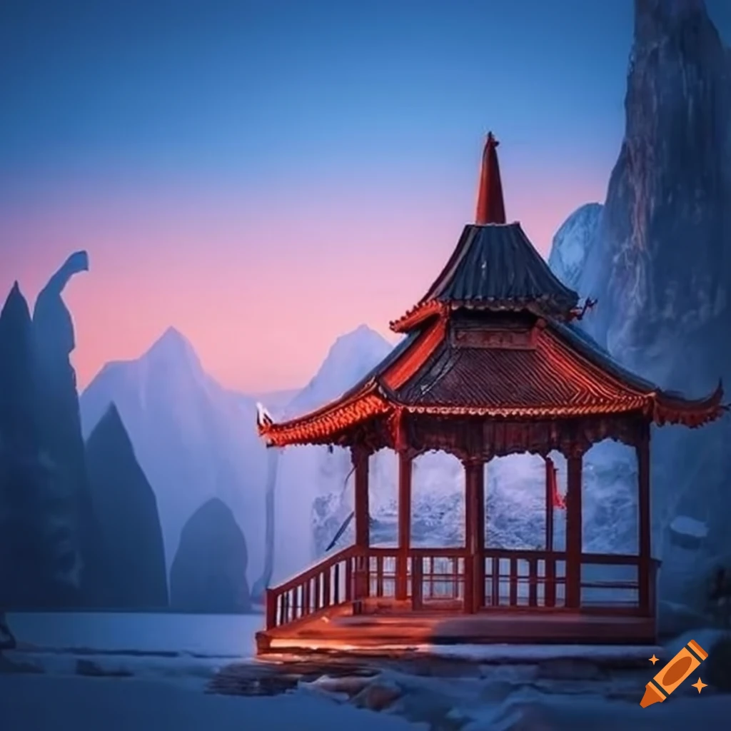 Elegant Chinese gazebo on a snowy mountain peak on Craiyon