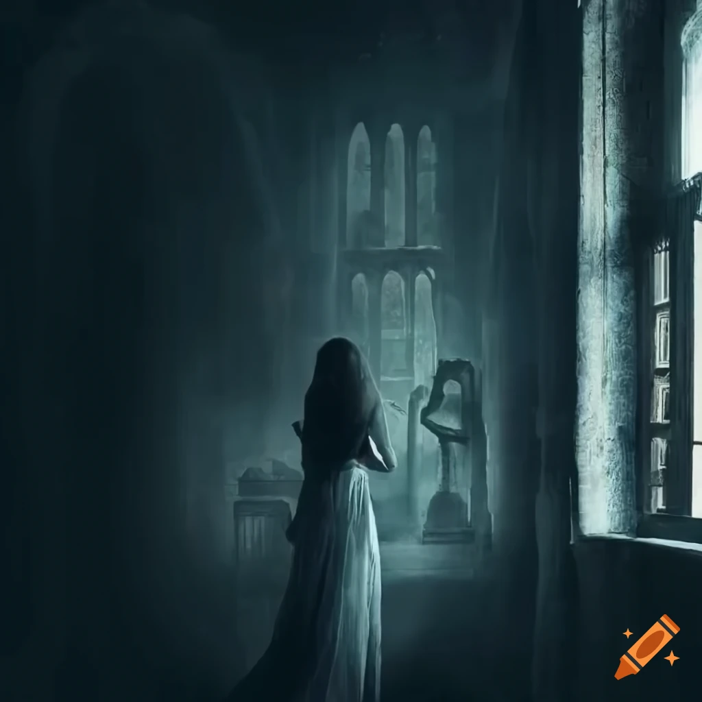 Shadow of a black-robed ghost in the ruins of a castle looking through ...