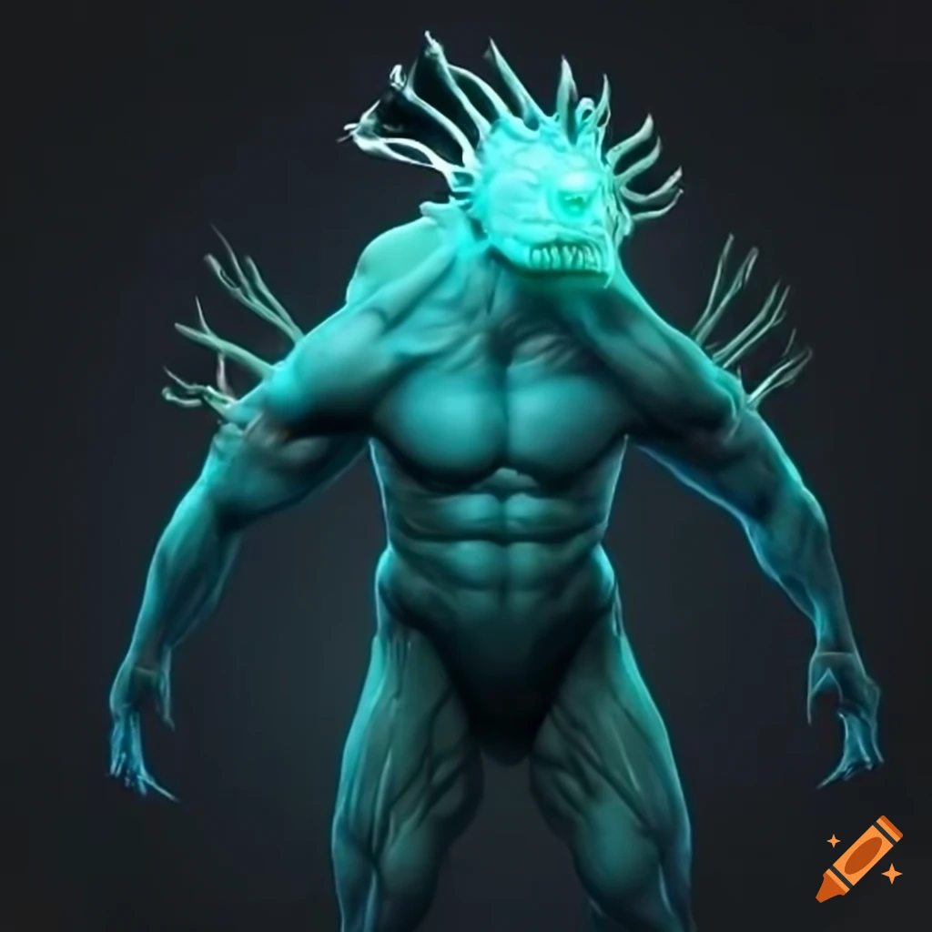 Humanoid muscular anglerfish with a dark glowing appearance on Craiyon