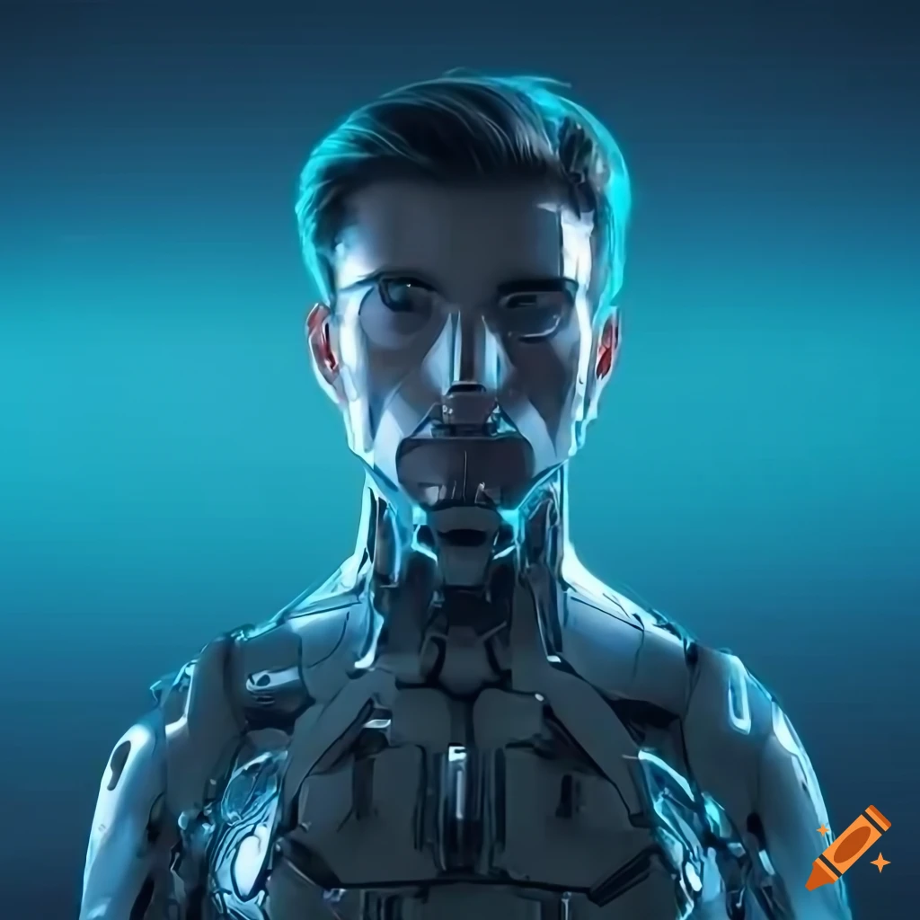 Futuristic male cyborg in transparent damaged bodysuit on Craiyon