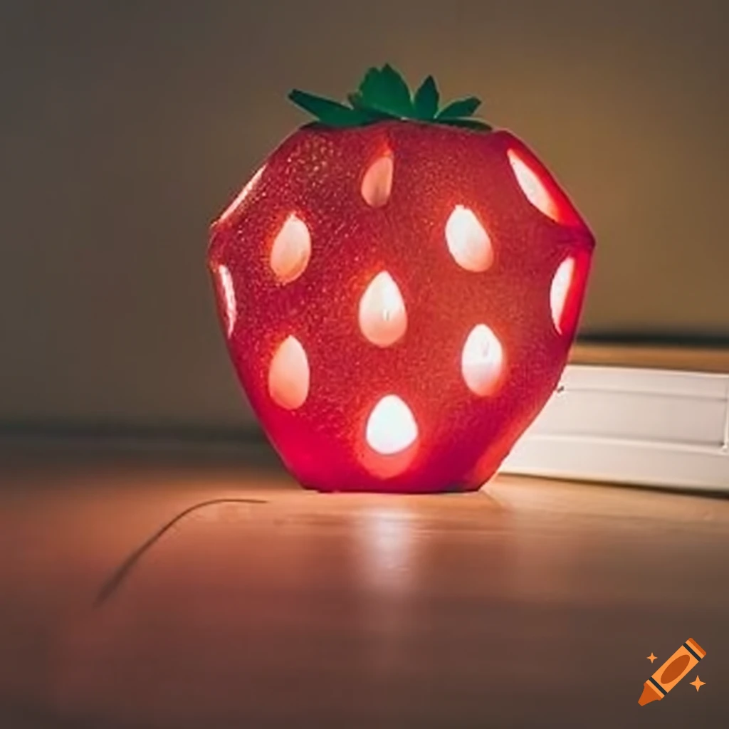 Strawberry-shaped lit lamp on a nightstand on Craiyon