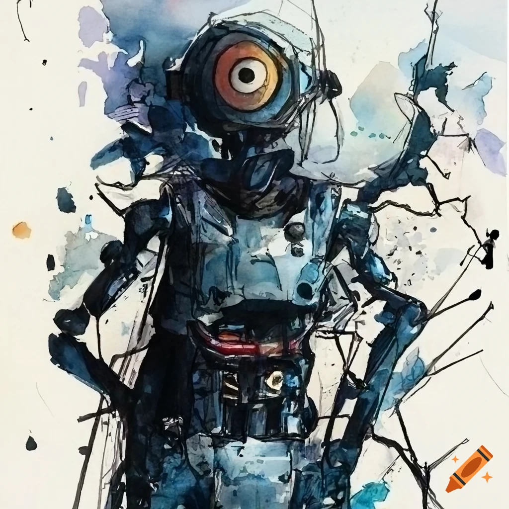 Yoji shinkawa's one-eyed robot in ink and watercolor on Craiyon