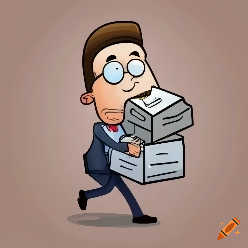 Colorful cartoon illustration of a man leaving office with a box of ...