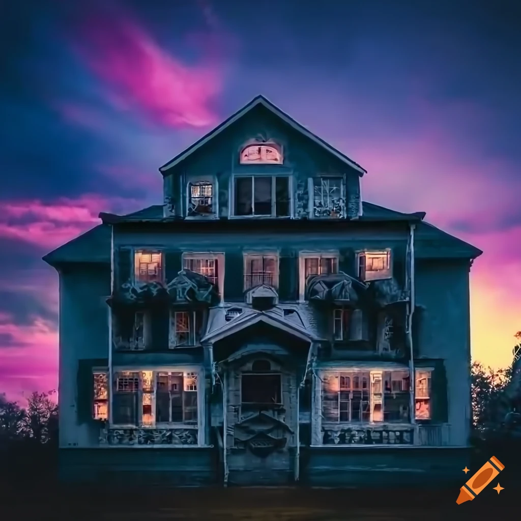 Spooky house inspired by The Amityville Horror with eerie lighting and ...