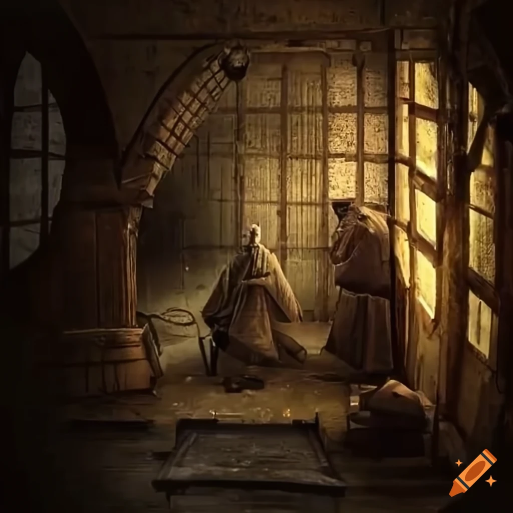 Steampunk medieval prison complex at night with monks in a rainy and ...