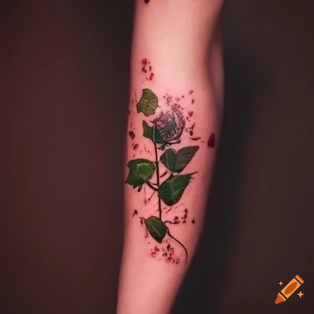 Arm tattoo of ivy plant with red rose and roots under the skin on Craiyon