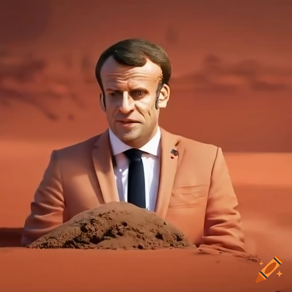 French president macron giving a speech on martian red soil in ...
