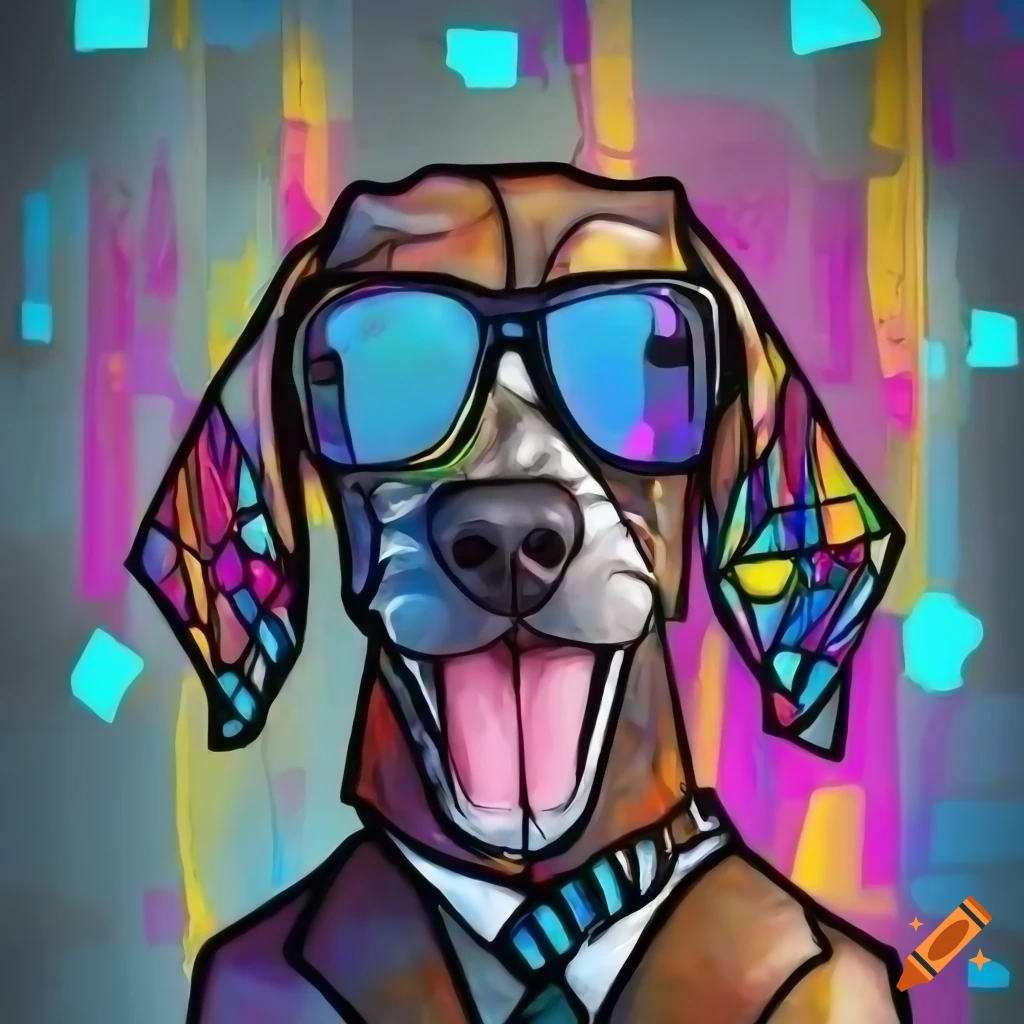 Dog with a tie graffiti street art in stained glass style and cyberpunk ...
