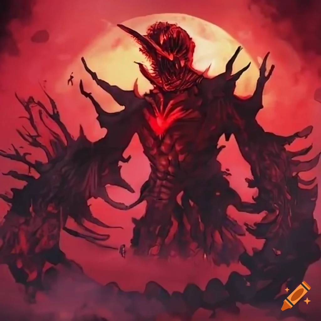 Final boss monster under a red moon in an otherworldly scene on Craiyon