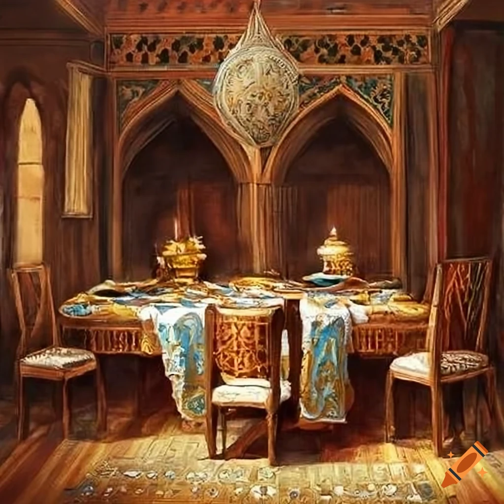 Ancient middle eastern dining room with 13 place settings on Craiyon