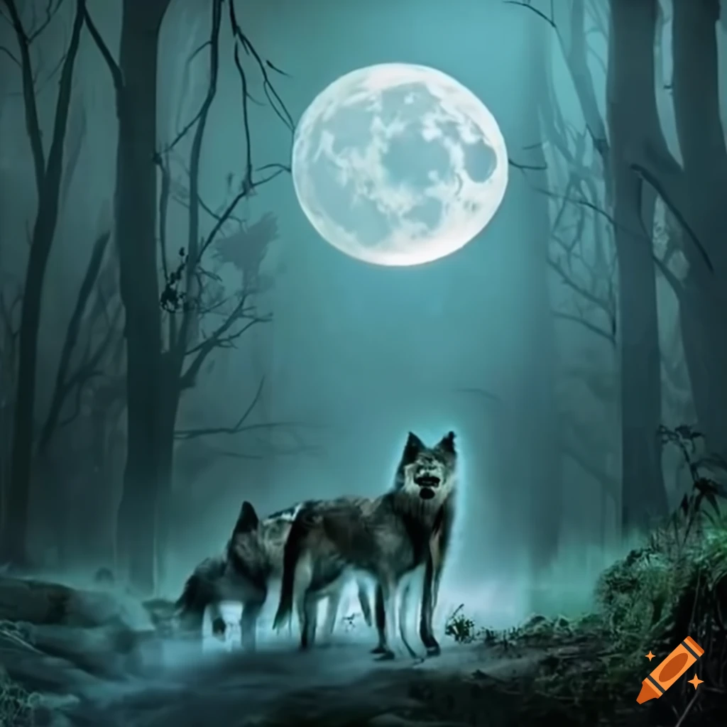 Spooky jungle scene with wolves under a full moon in foggy weather on ...