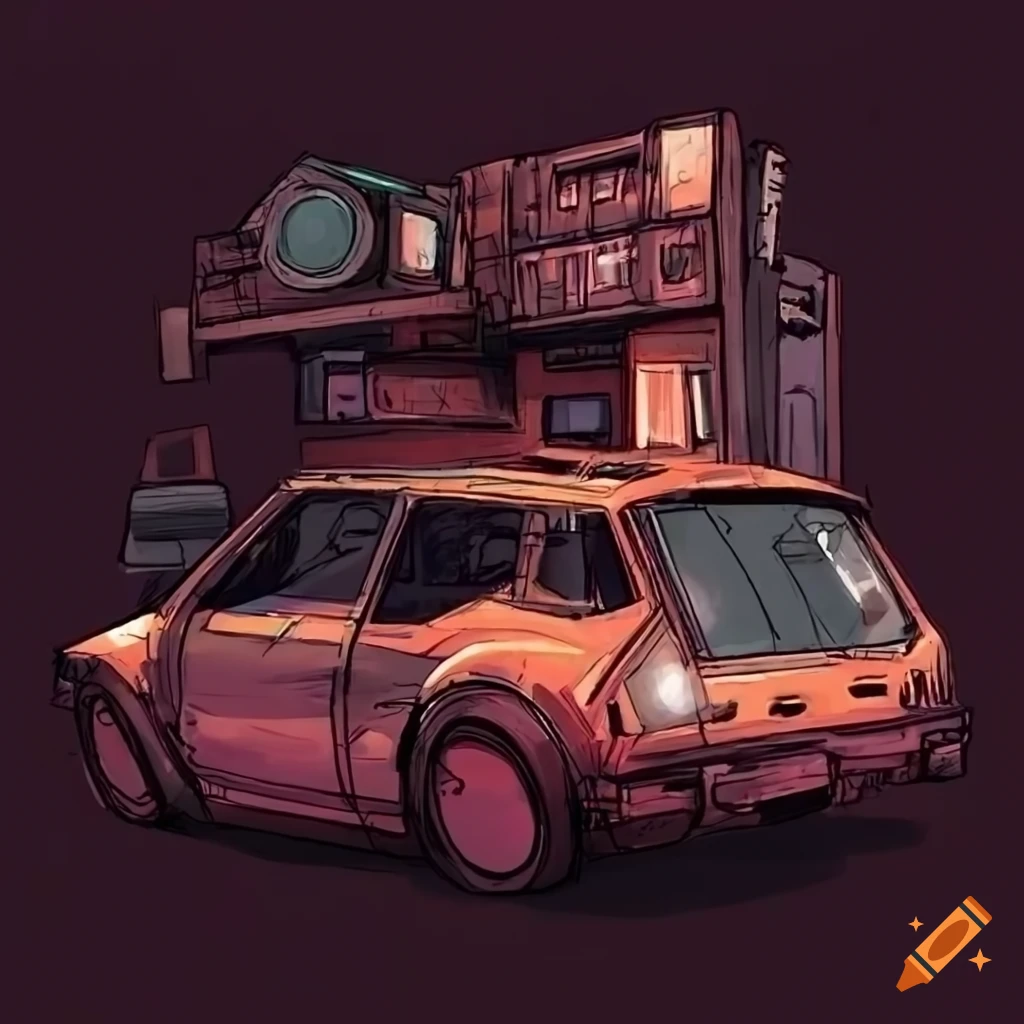 Detailed sketch of a rustic hatchback in a cyberpunk future on Craiyon
