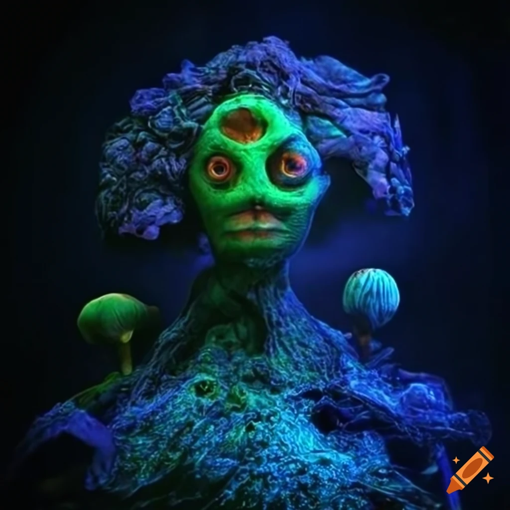 Glowing biopunk cityscape with cyborg mutant omega mart lemon fruit ...