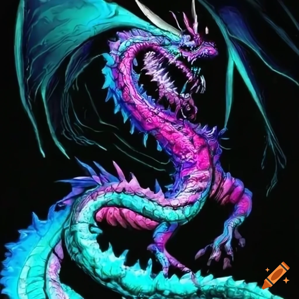 Colorful dragon in a psychedelic setting on Craiyon