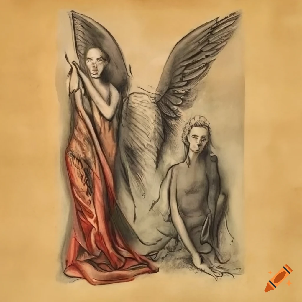 Symmetrical angels smoking pipes in a transcendental william blake ...