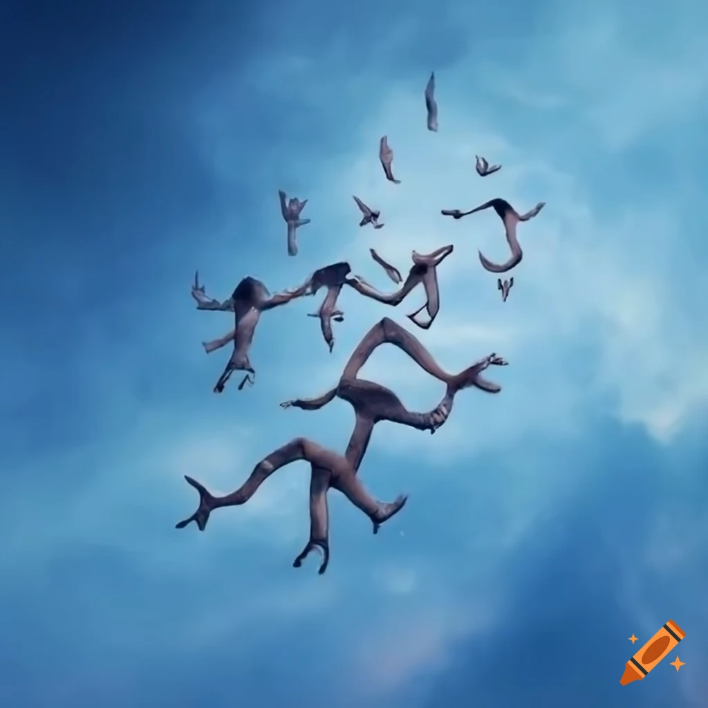 Swarm of human hands floating in the sky on Craiyon