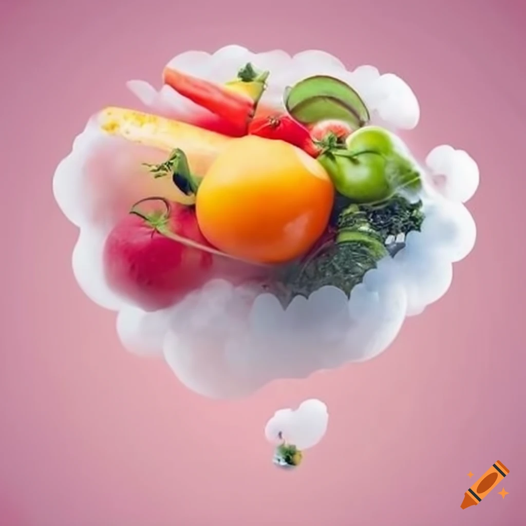 Fresh fruit and vegetables displayed on a floating cloud on Craiyon
