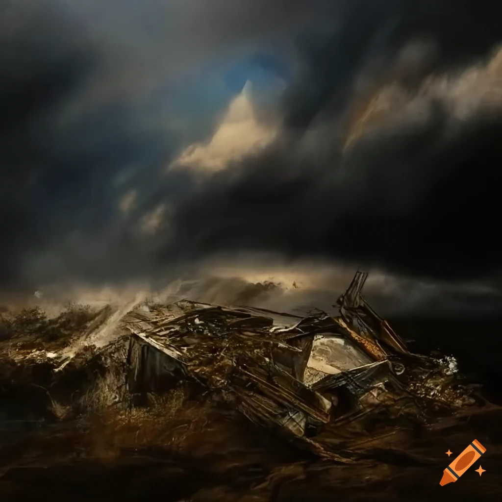 Painting hidden under drapery among junk in a detailed destroyed ...