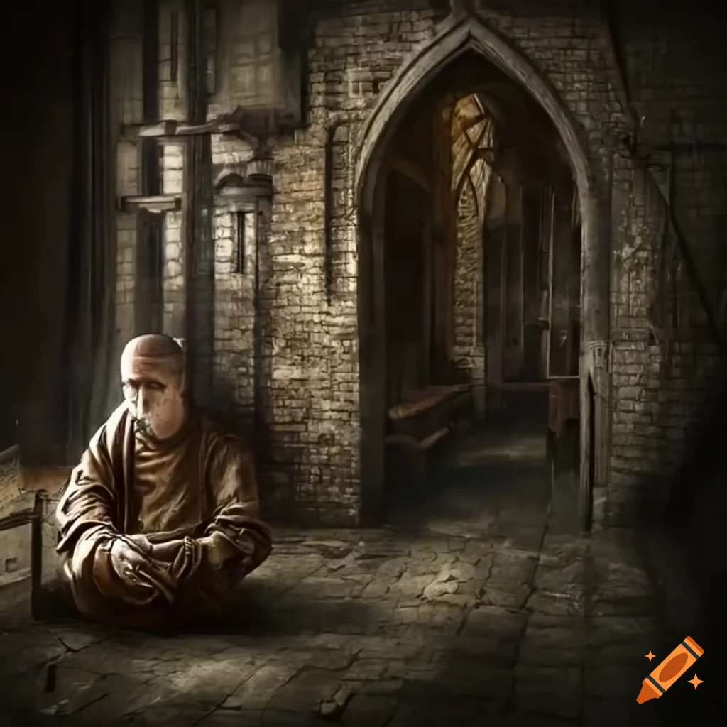 Steampunk medieval prison complex with monks on a rainy night on Craiyon