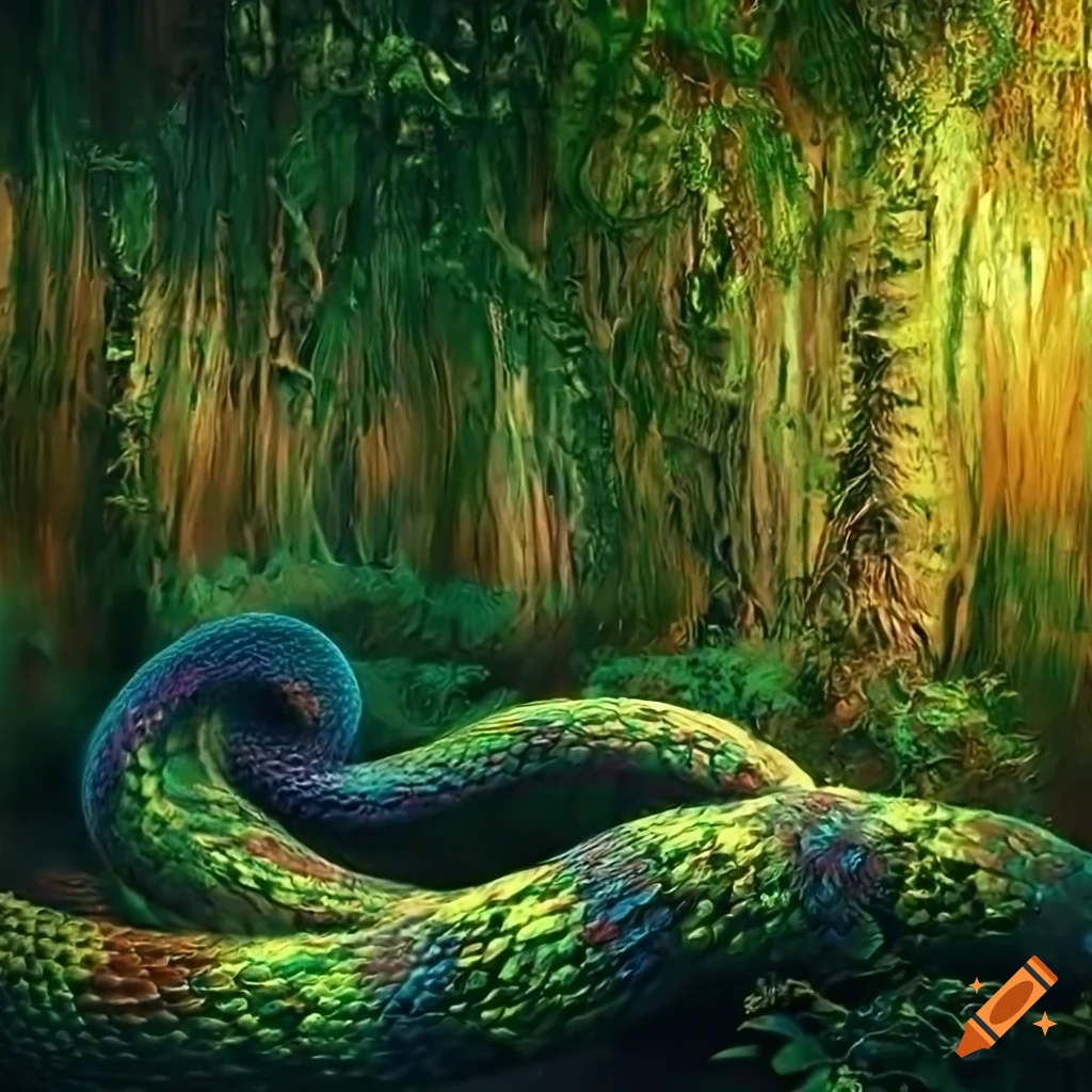 Snakeskin trees twisted with dandelion shrubs, ivy vines, exotic birds, and colorful flowers in ...