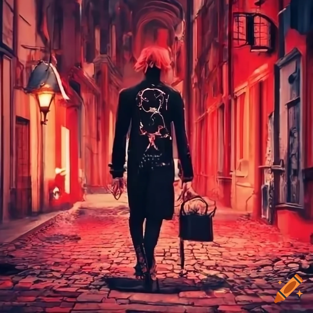 Alternative goth guy walking on a vibrant red street on Craiyon