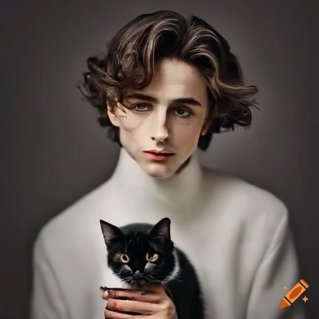 Timothee Chalamet with a small black and white cat in photorealistic ...