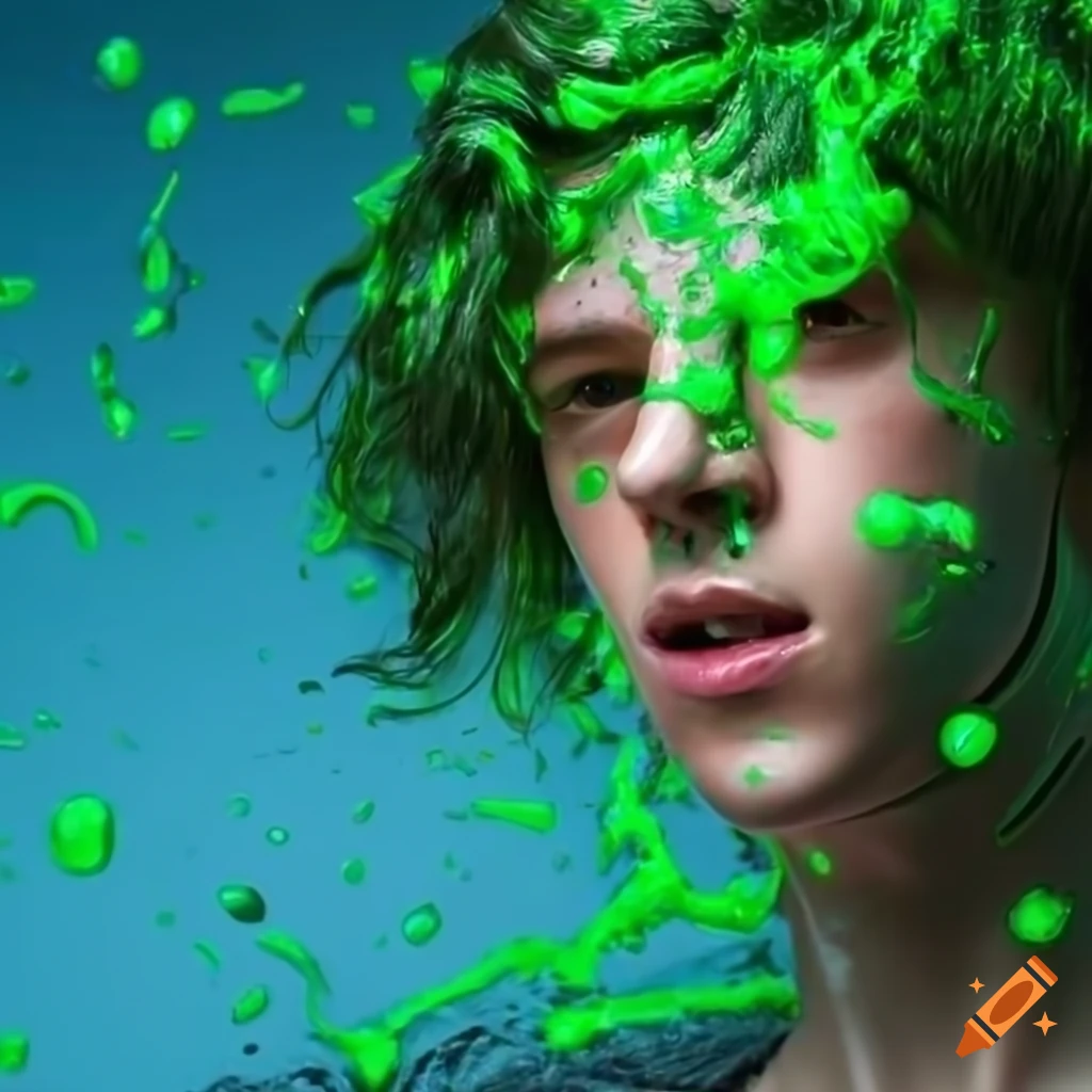 Male college student in sci-fi academy uniform showered in green slime ...