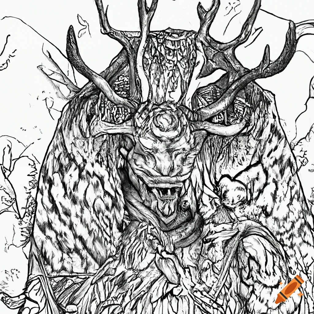 Skinwalker with antlers in black and white coloring page on Craiyon